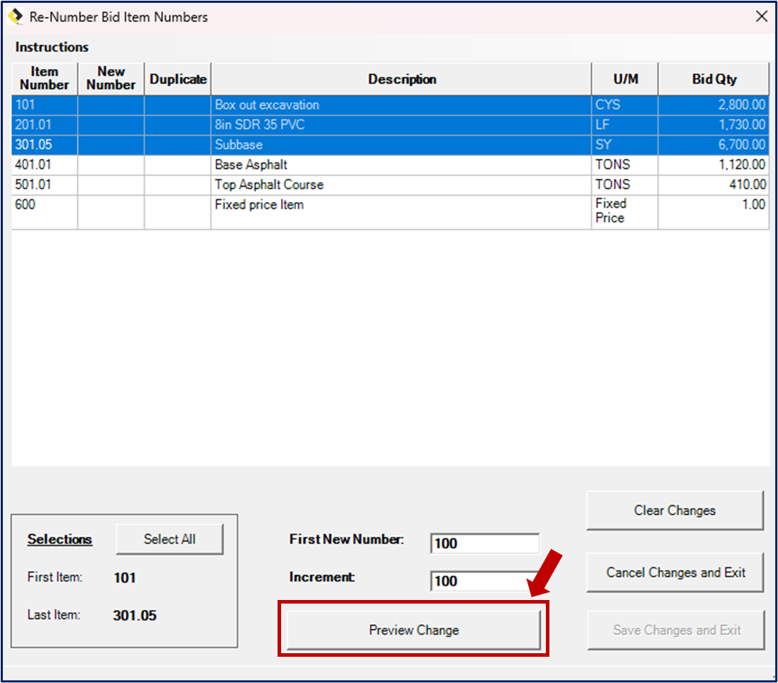 Re-numbering Bid Items