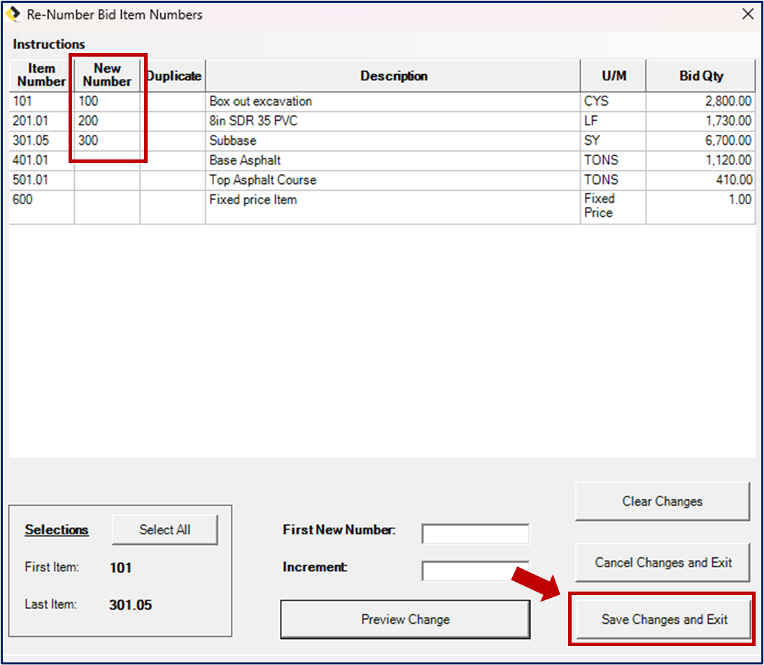 Re-numbering Bid Items