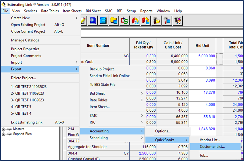 Estimating Link - QuickBooks Interface Setup